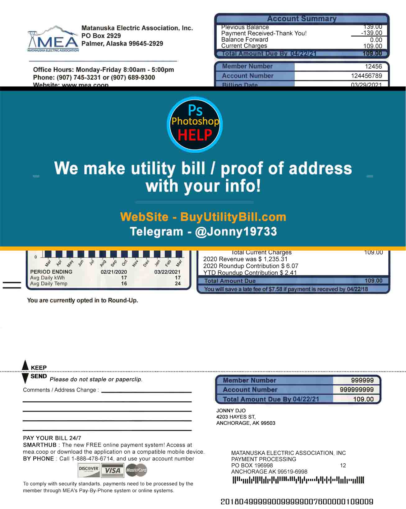 Fake Alaska USA fake Utility bill for electricity MEA