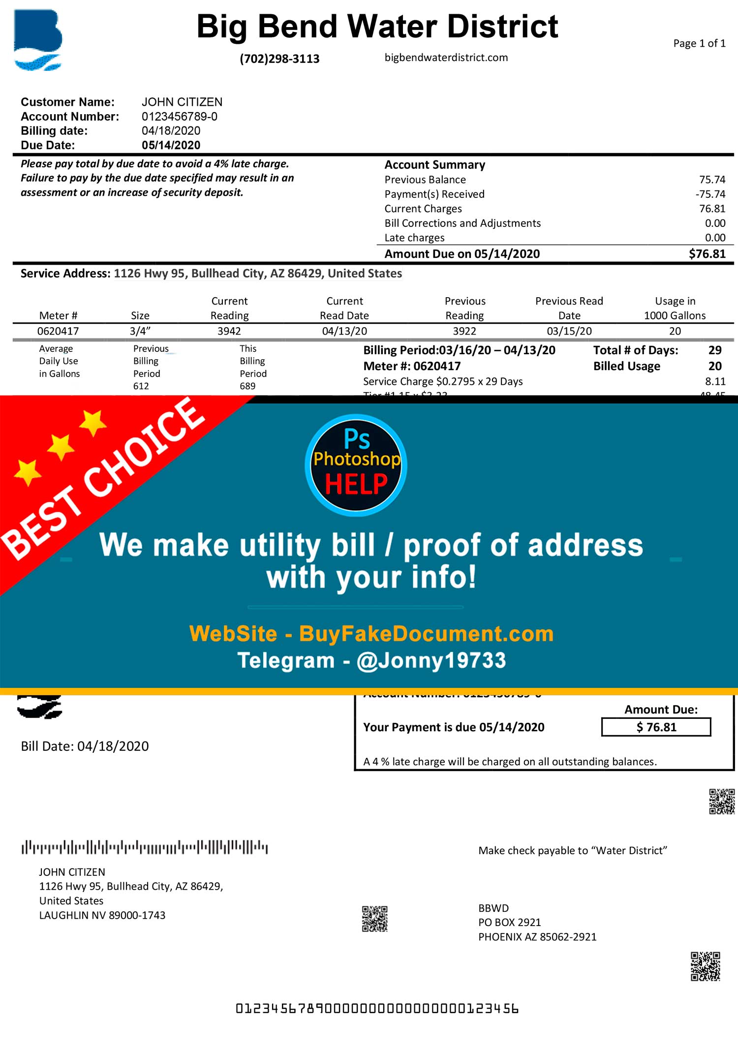 Fake Nevada Big Bend Water District utility bill